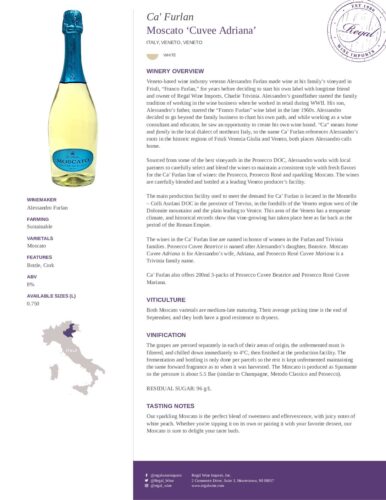 Ca' Furlan Moscato 'Cuvee Adriana' Tech Sheet - Regal Wine Imports